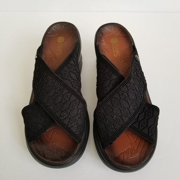 Bzees | Shoes | B Zees Vista Black Wedge Fabric Diamond Cut Strap ...